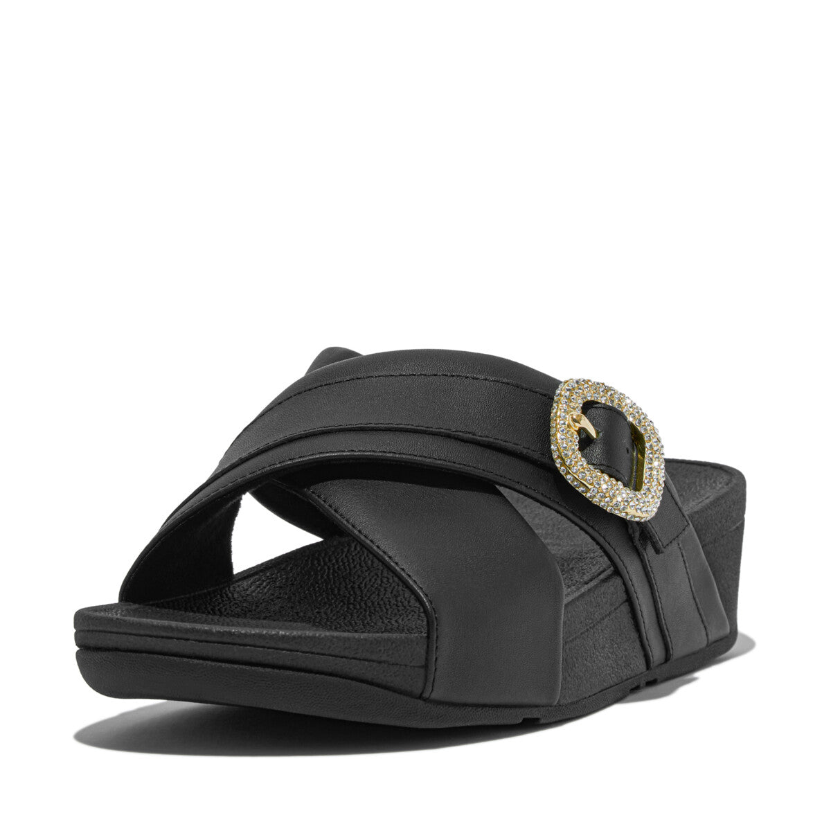 LULU Crystal-Buckle Leather Cross Slides - Black (HO1-001) | FitFlop Singapore