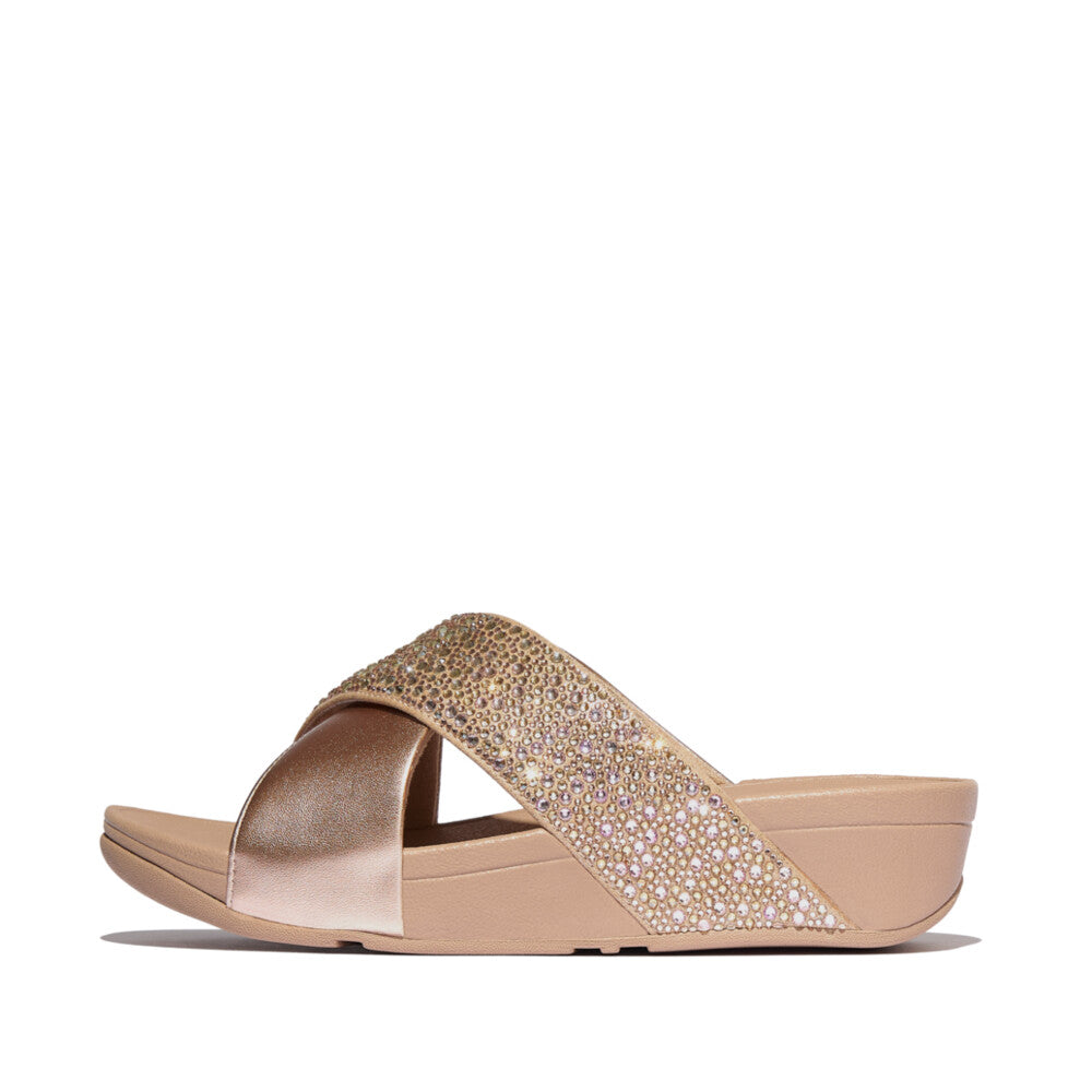 FitFlop LULU Crystal-Mix Metallic Cross Slides - Metallic Classic Beige ...