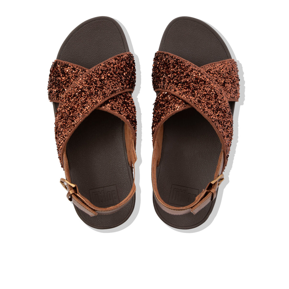LULU Shimmerfoil Cross Back-Strap Slides - Bronze (CJ4-012) | FitFlop ...