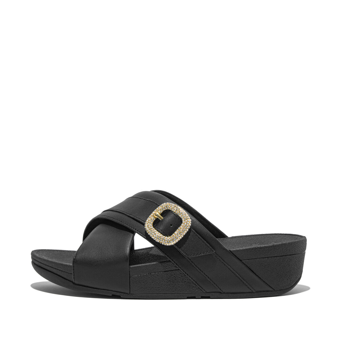 LULU Crystal-Buckle Leather Cross Slides - Black (HO1-001) | FitFlop Singapore