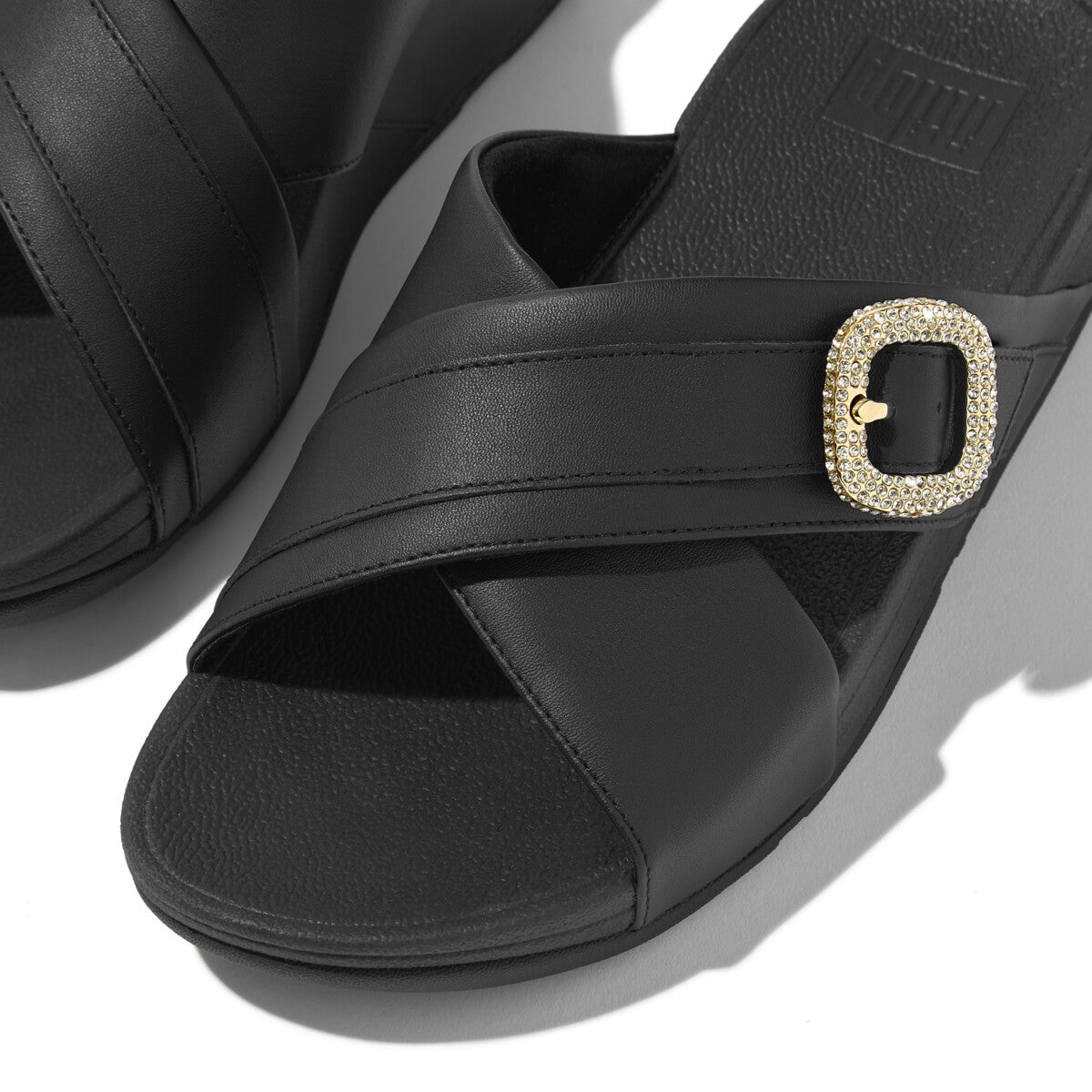 LULU Crystal-Buckle Leather Cross Slides - Black (HO1-001) | FitFlop Singapore